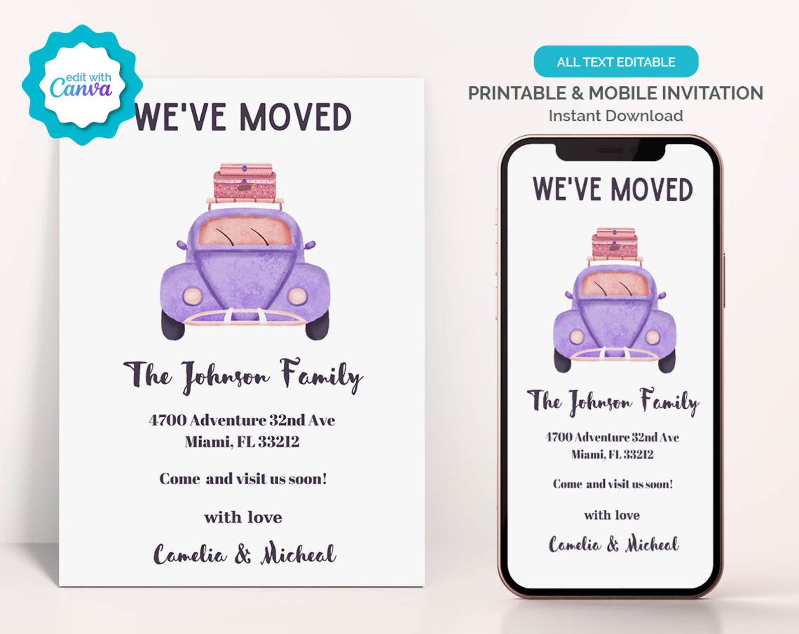 Editable Moving Anouncement Invitation, Purple Beetle Moving Invitation ...