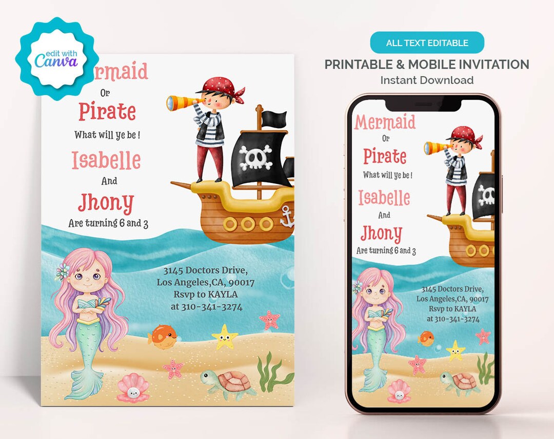 Printable Mermaid and Pirate Birthday Invitation Phone Joint - Etsy