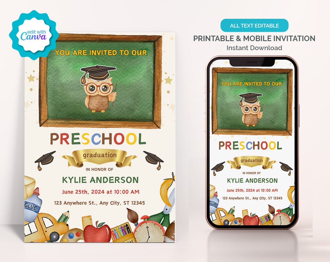 Editable Owl Preschool Graduation Invitation, Preschool Graduation ...