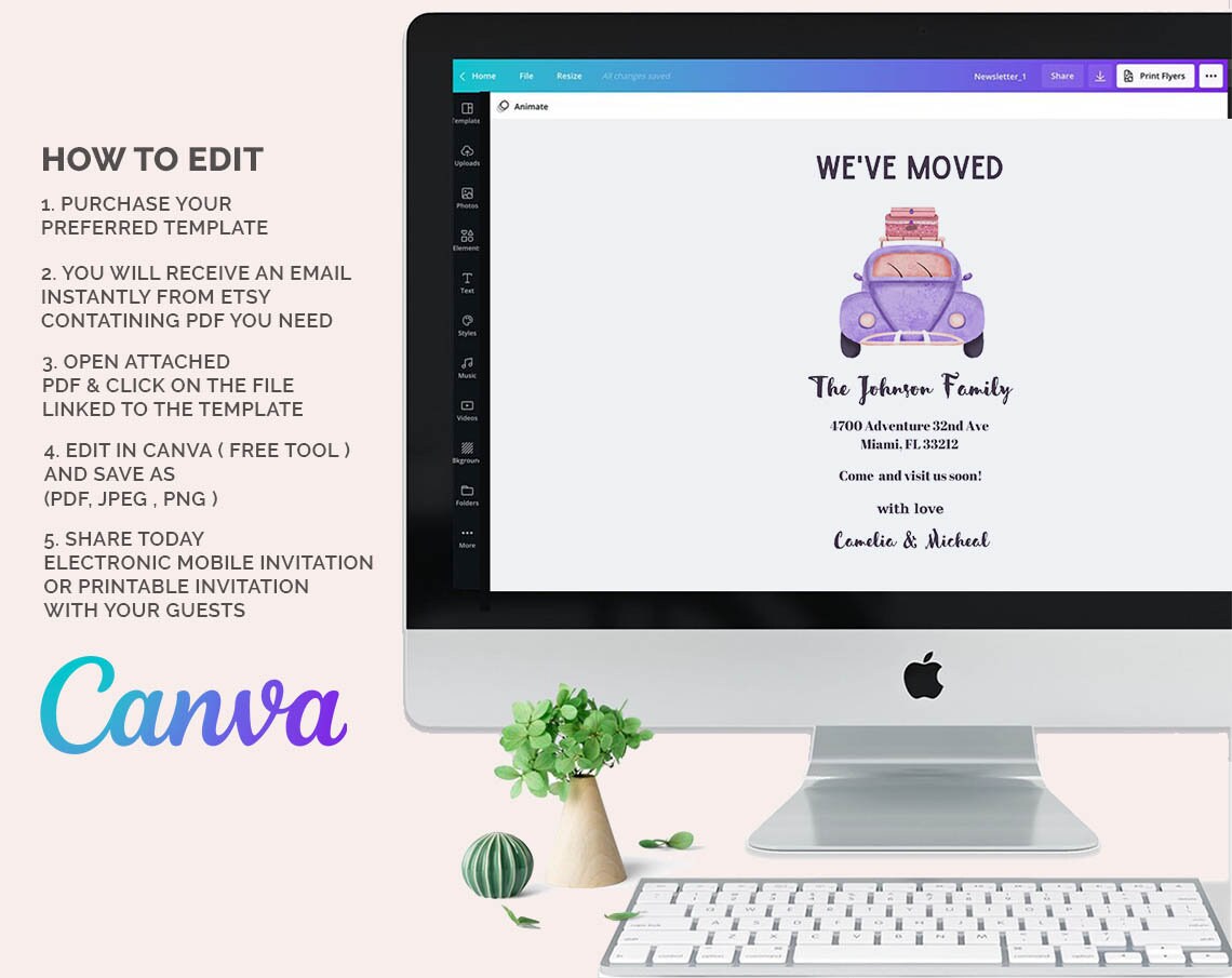 Editable Moving Anouncement Invitation, Purple Beetle Moving Invitation ...