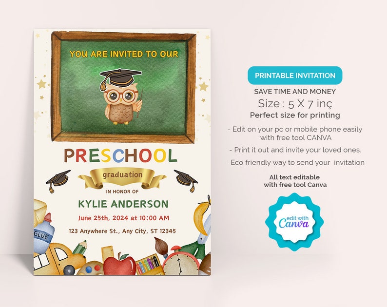 Editable Owl Preschool Graduation Invitation, Preschool Graduation ...