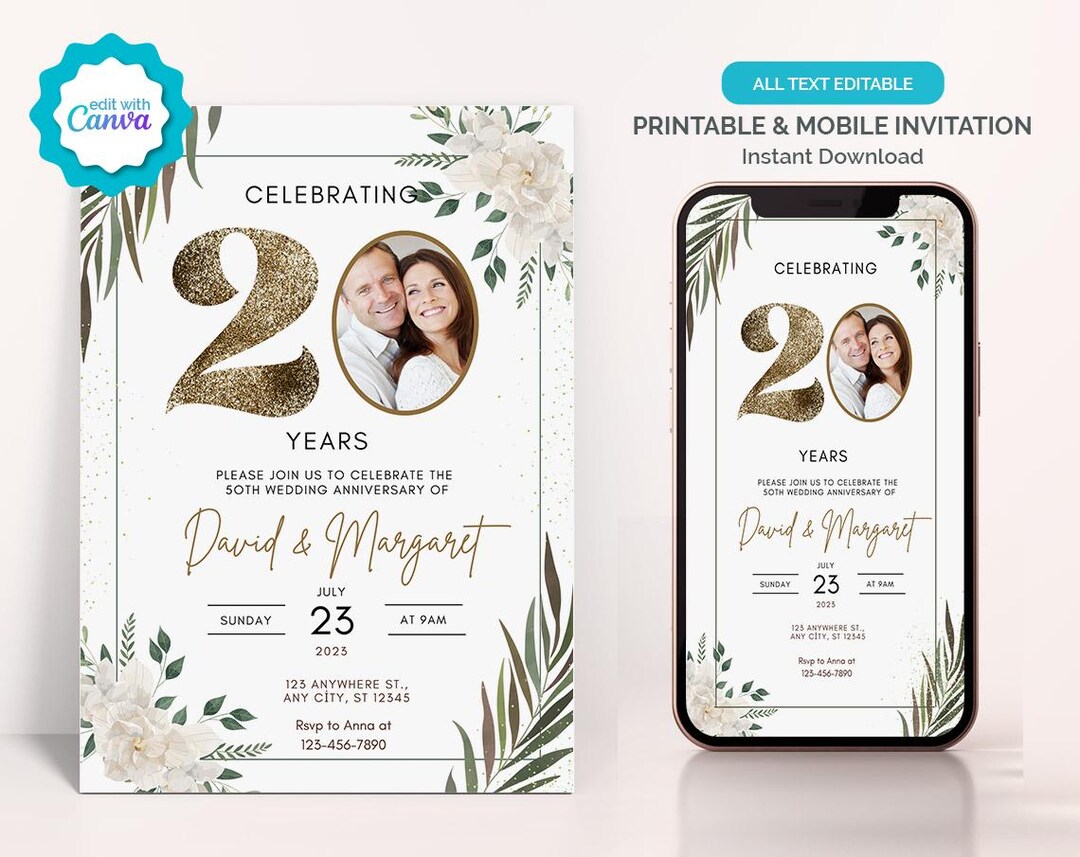 20th Wedding Anniversary Photo Invitation, Digital Greenery Gold 20th ...