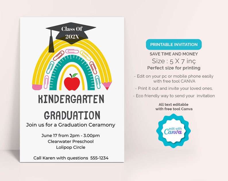 Kindergarten Graduation Invitation Editable Template, Kindergarten ...