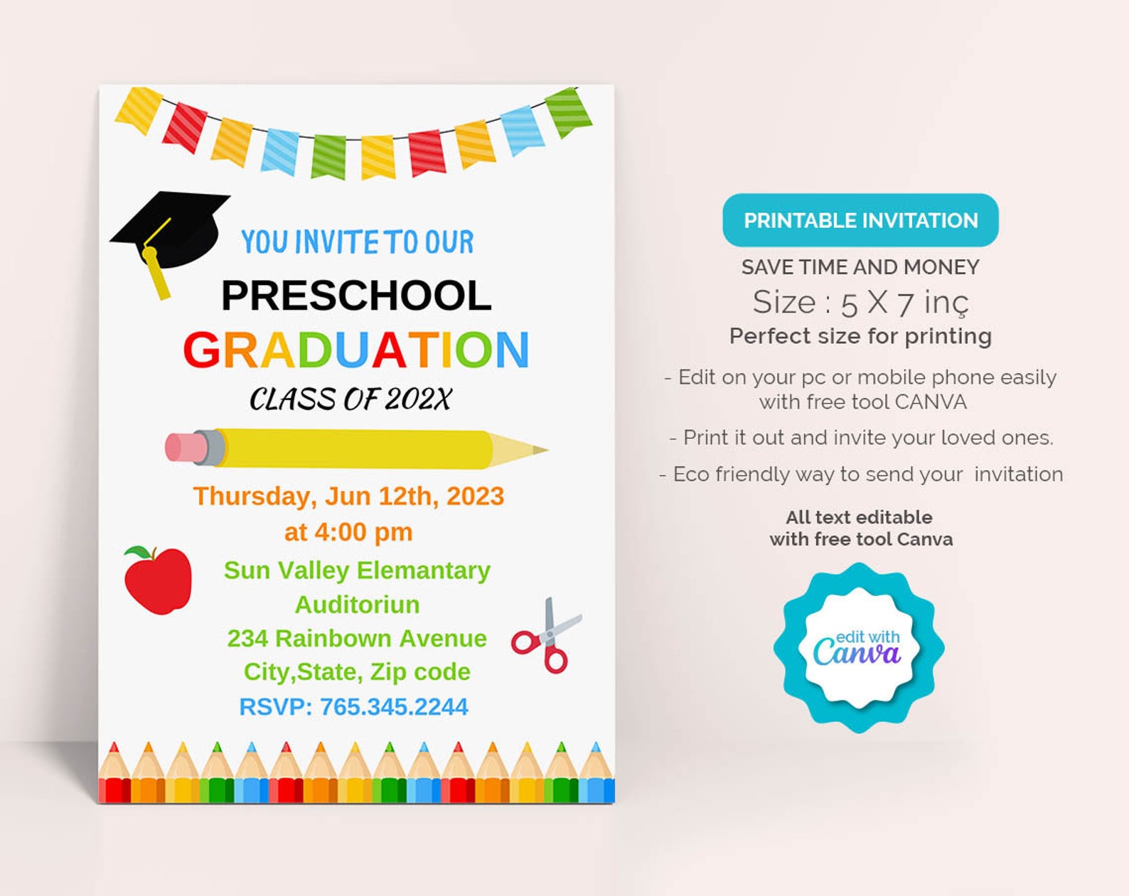 Editable and Printable Preschool Graduation Invitation Template ...