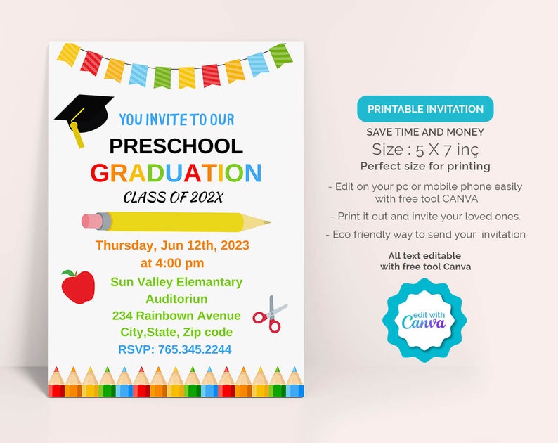 Editable and Printable Preschool Graduation Invitation Template ...