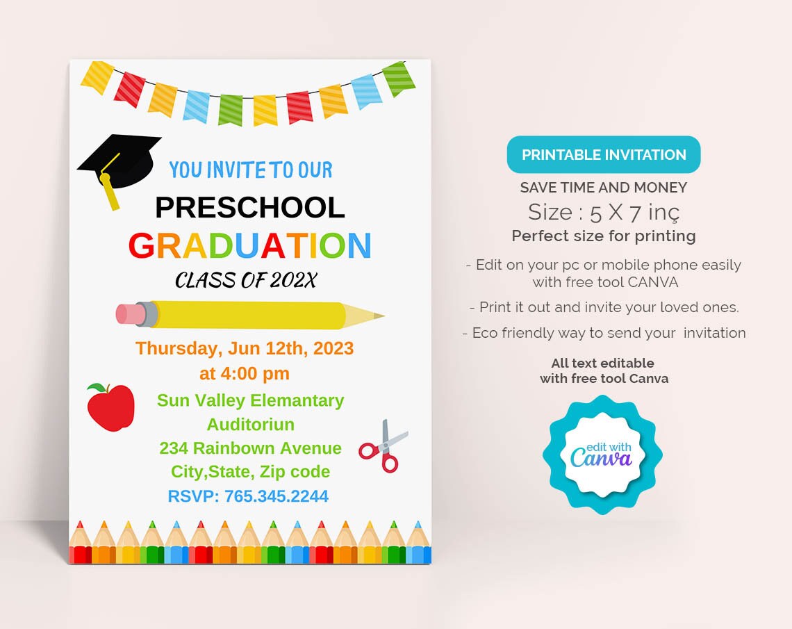 Editable and Printable Preschool Graduation Invitation Template ...