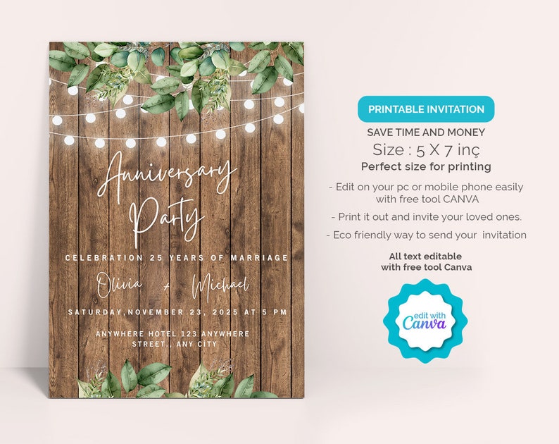 Editable Rustic Anniversary Invitation, String Light Wedding ...
