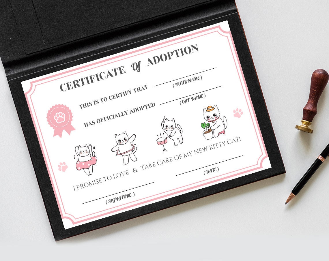 Editable Pet Adoption Certificate, Cat Adoption Certificate, Kitty Cat ...
