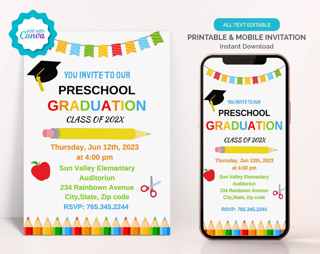 Editable and Printable Preschool Graduation Invitation Template ...