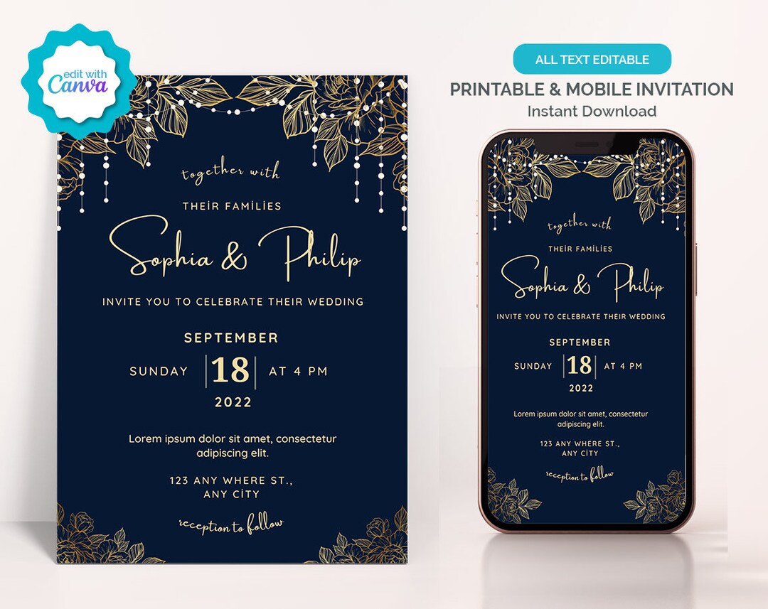 Editable Floral String Lights Wedding Invitation, Blue Rustic String of ...