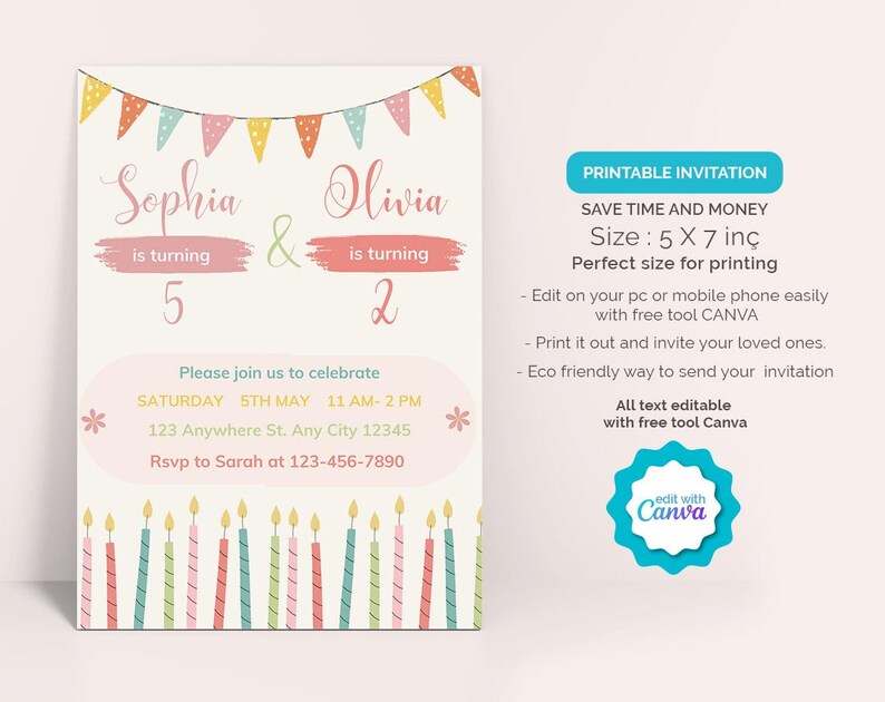 Editable Sibling Birthday Invitation, Twin Joint Birthday Invitation ...