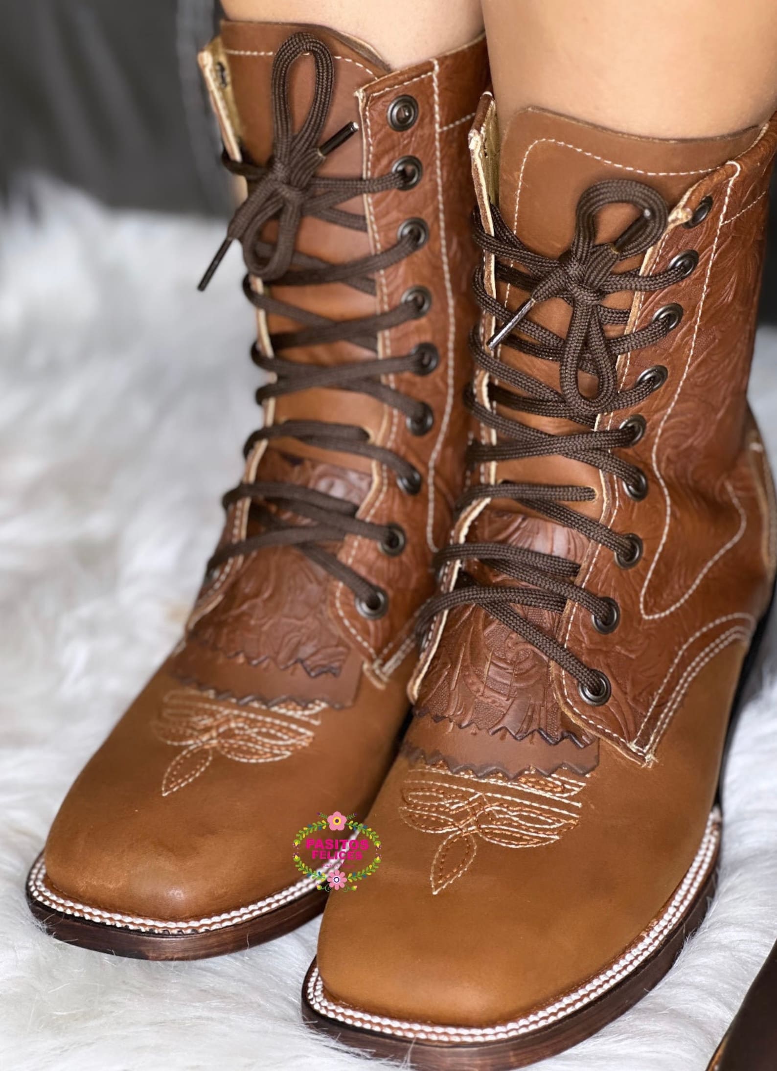 Botas Lacer Tan Leather Laced Tooled Boots - Etsy