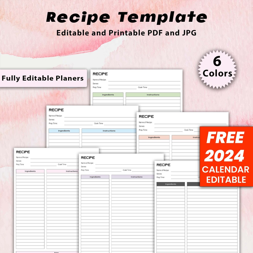 Recipe Template Editable, Recipe Book, Blank Recipe Page, Recipe Card ...