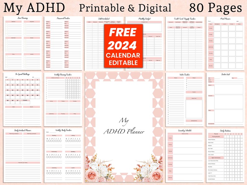 ADHD Digital Planner for Adults, 2024 Calendar (printable, Editable) - Etsy