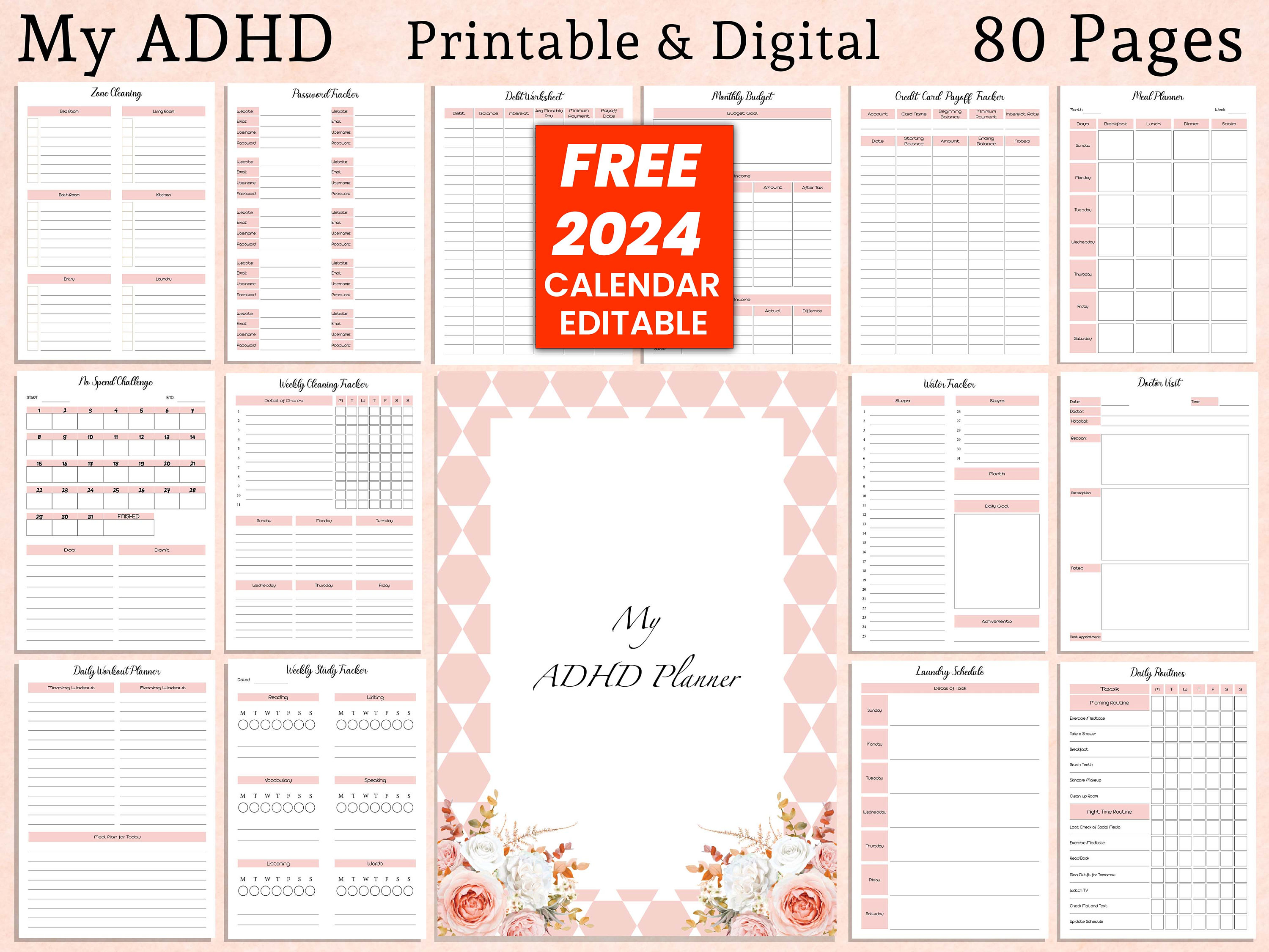 ADHD Digital Planner for Adults, 2024 Calendar (printable, Editable) - Etsy