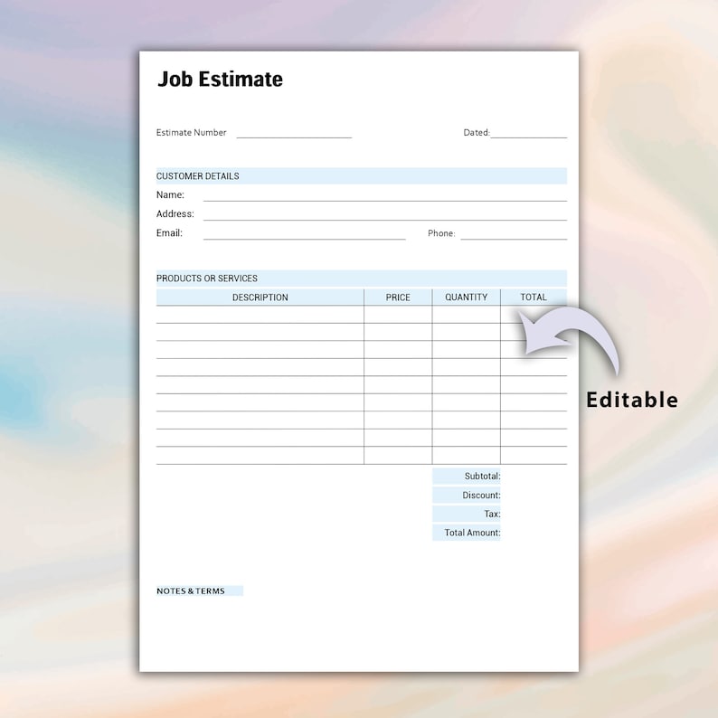 Editable Job Estimate Template, Editable and Printable Estimate Form ...