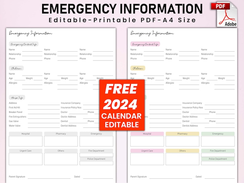 Editable Emergency Information Sheet, Emergency Contact Information ...