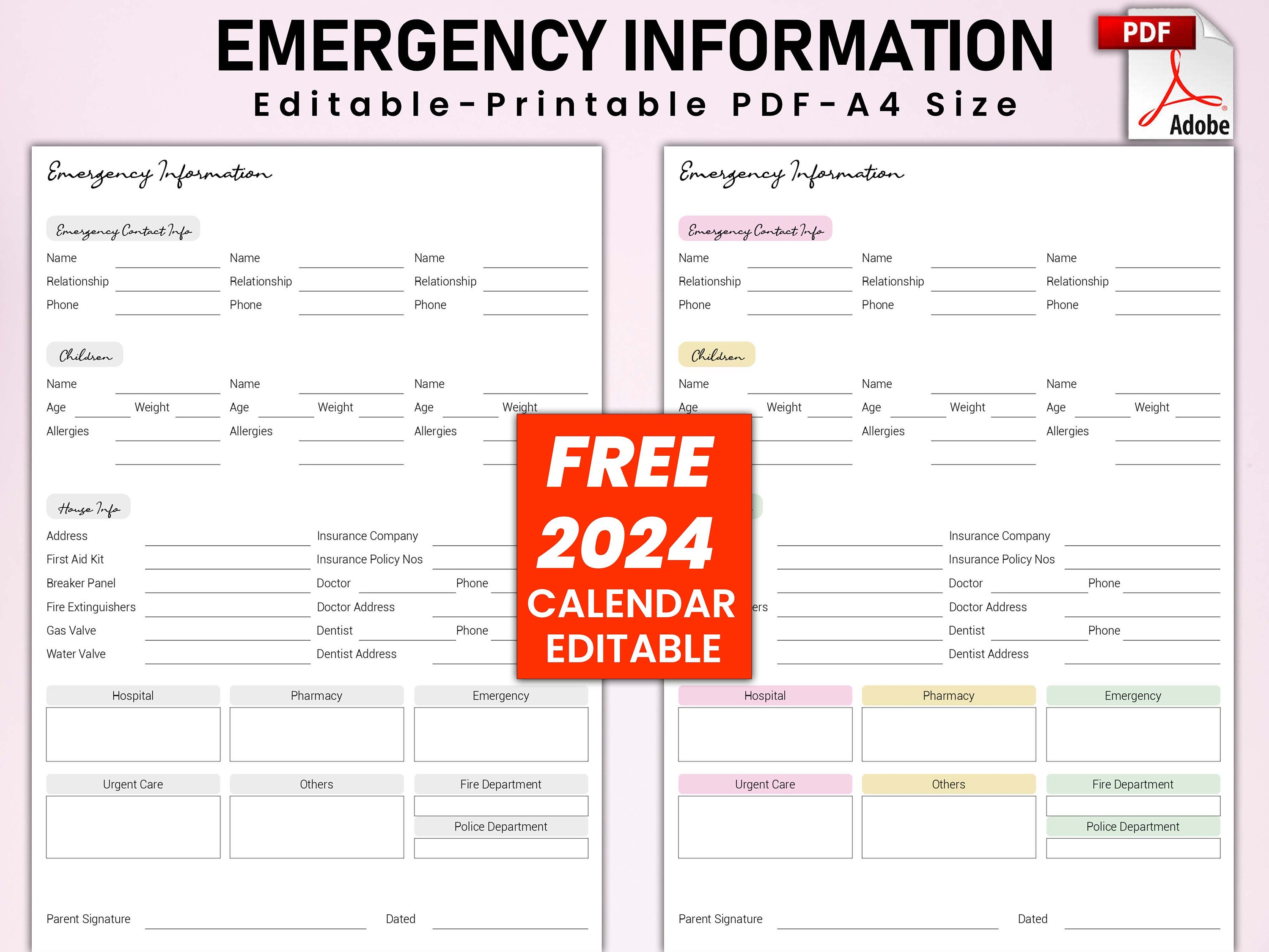 Editable Emergency Information Sheet, Emergency Contact Information ...