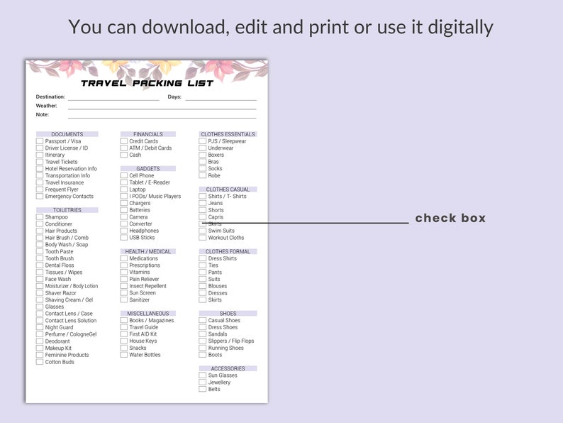 Editable Travel Packing List Travel Packing List Printable - Etsy