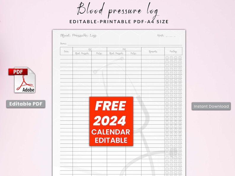 Blood Pressure Log Editable Printable, Monthly Blood Pressure Tracker ...