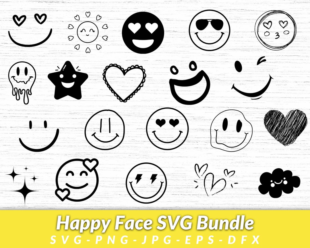 Smiley Face SVG Bundle Happy Emoticons Cheerful Graphics Positive Vibes ...