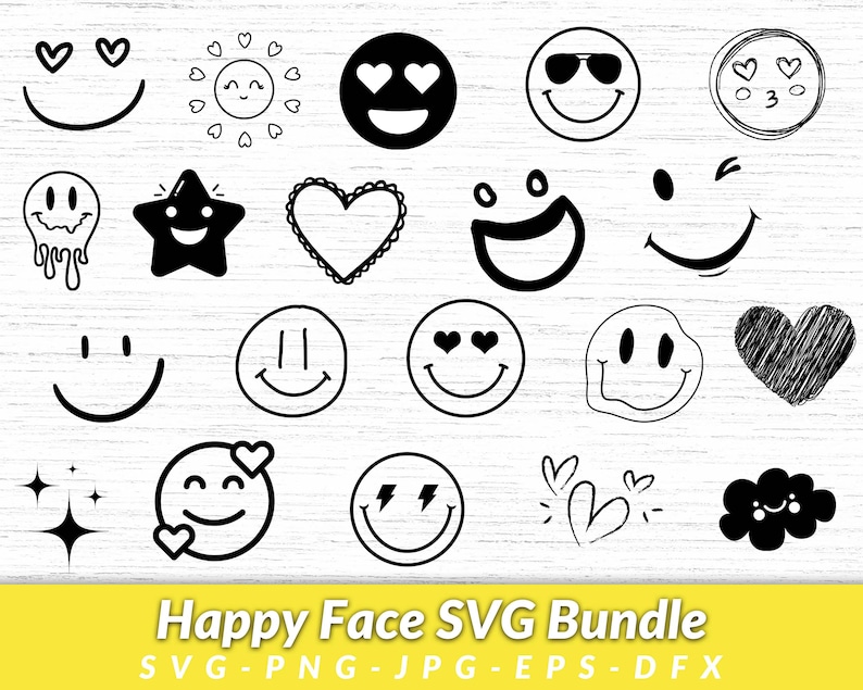 Smiley Face SVG Bundle Happy Emoticons Cheerful Graphics Positive Vibes ...