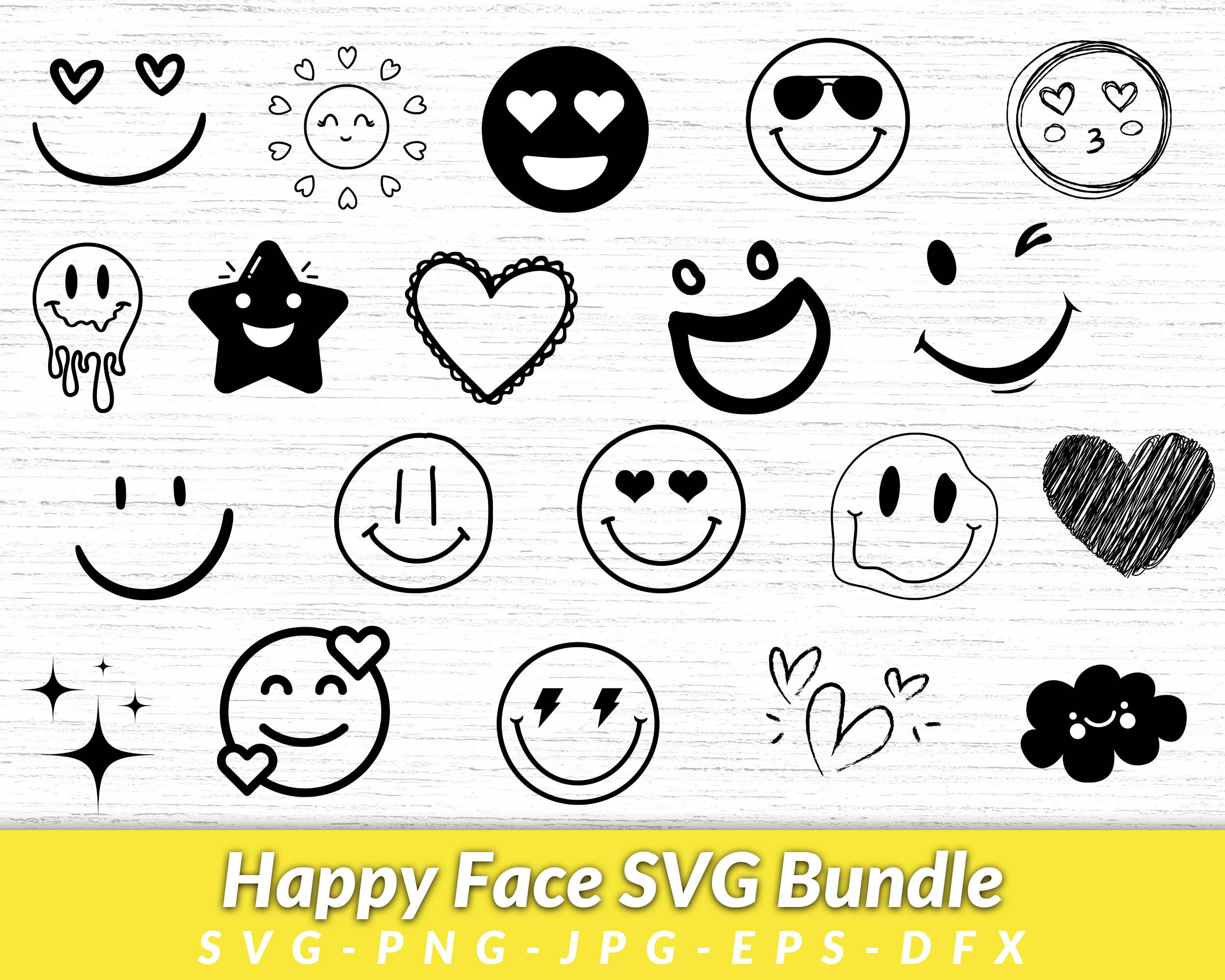 Smiley Face SVG Bundle Happy Emoticons Cheerful Graphics Positive Vibes ...