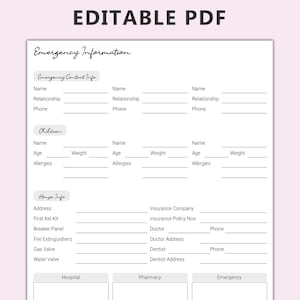 Editable Emergency Information Sheet, Medical Contact Form (PDF) - Etsy