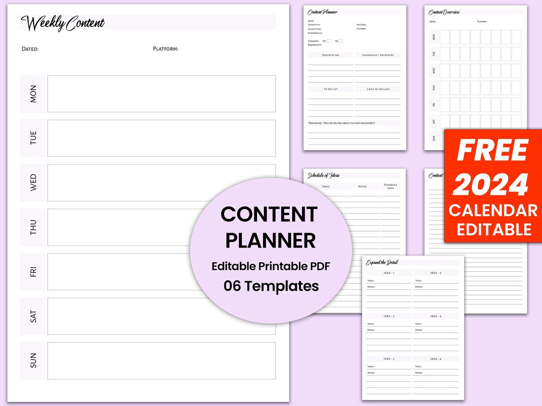 Editable Content Planner, Social Media Planner Printable, Content ...