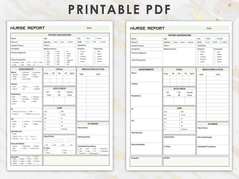 Nurse Report Sheet, Nursing Handoff Sheet, Nurse Brain Sheet, Nursing ...