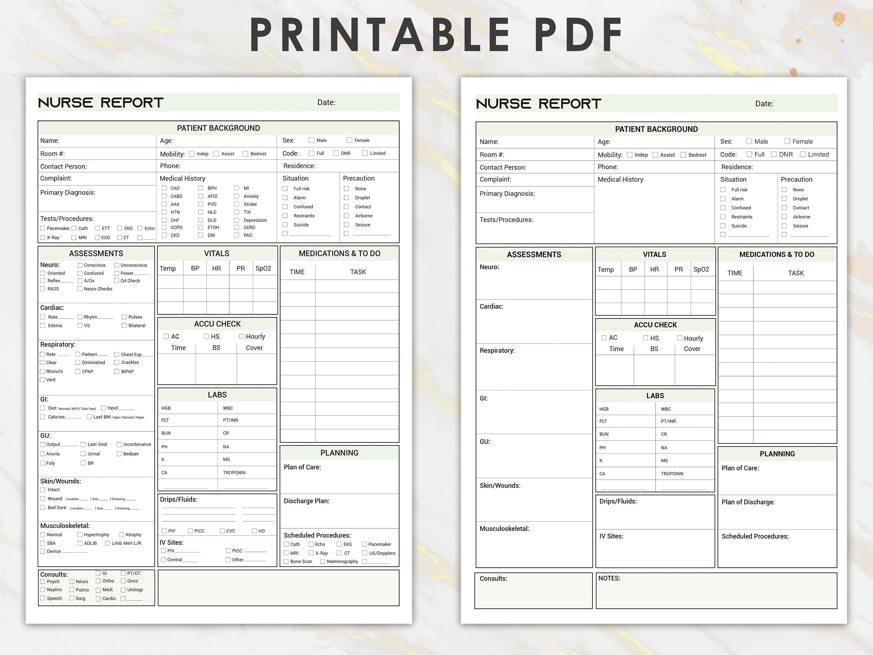 Nurse Report Sheet, Nursing Handoff Sheet, Nurse Brain Sheet, Nursing ...