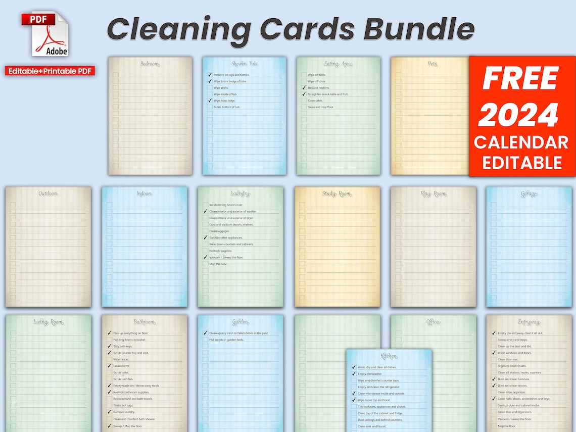 Editable Cleaning Checklist, Cleaning Cards Bundle, Room by Room ...