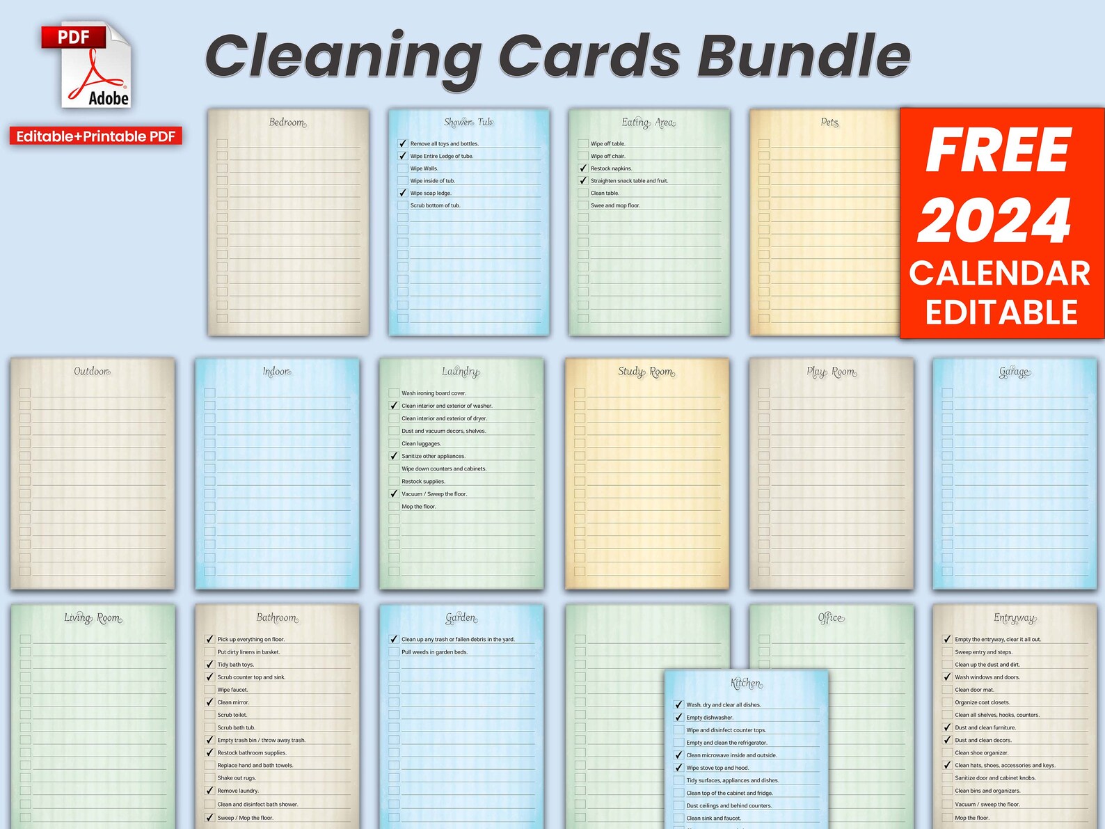 Editable Cleaning Checklist, Cleaning Cards Bundle, Room by Room ...
