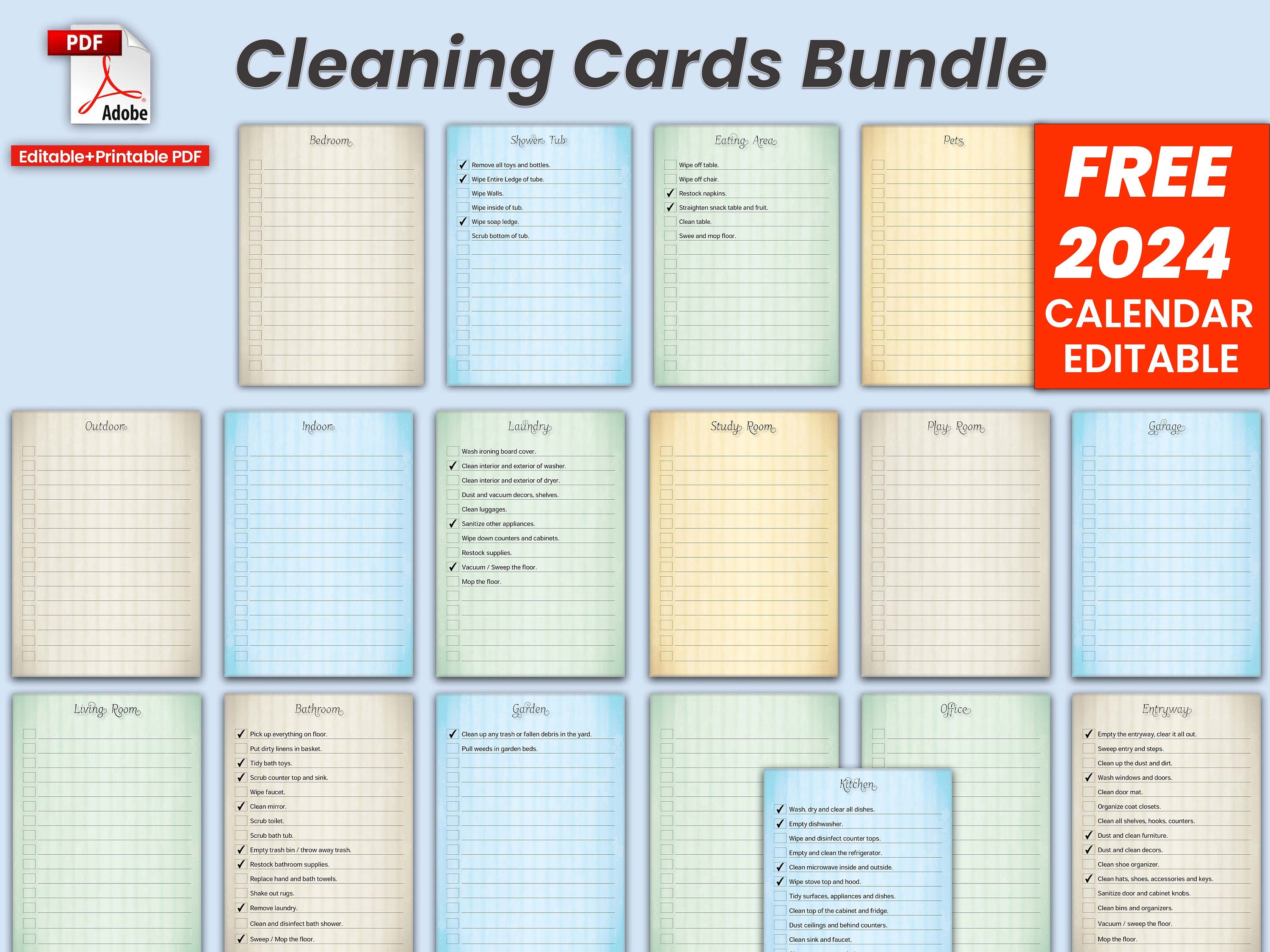 Editable Cleaning Checklist, Cleaning Cards Bundle, Room by Room ...