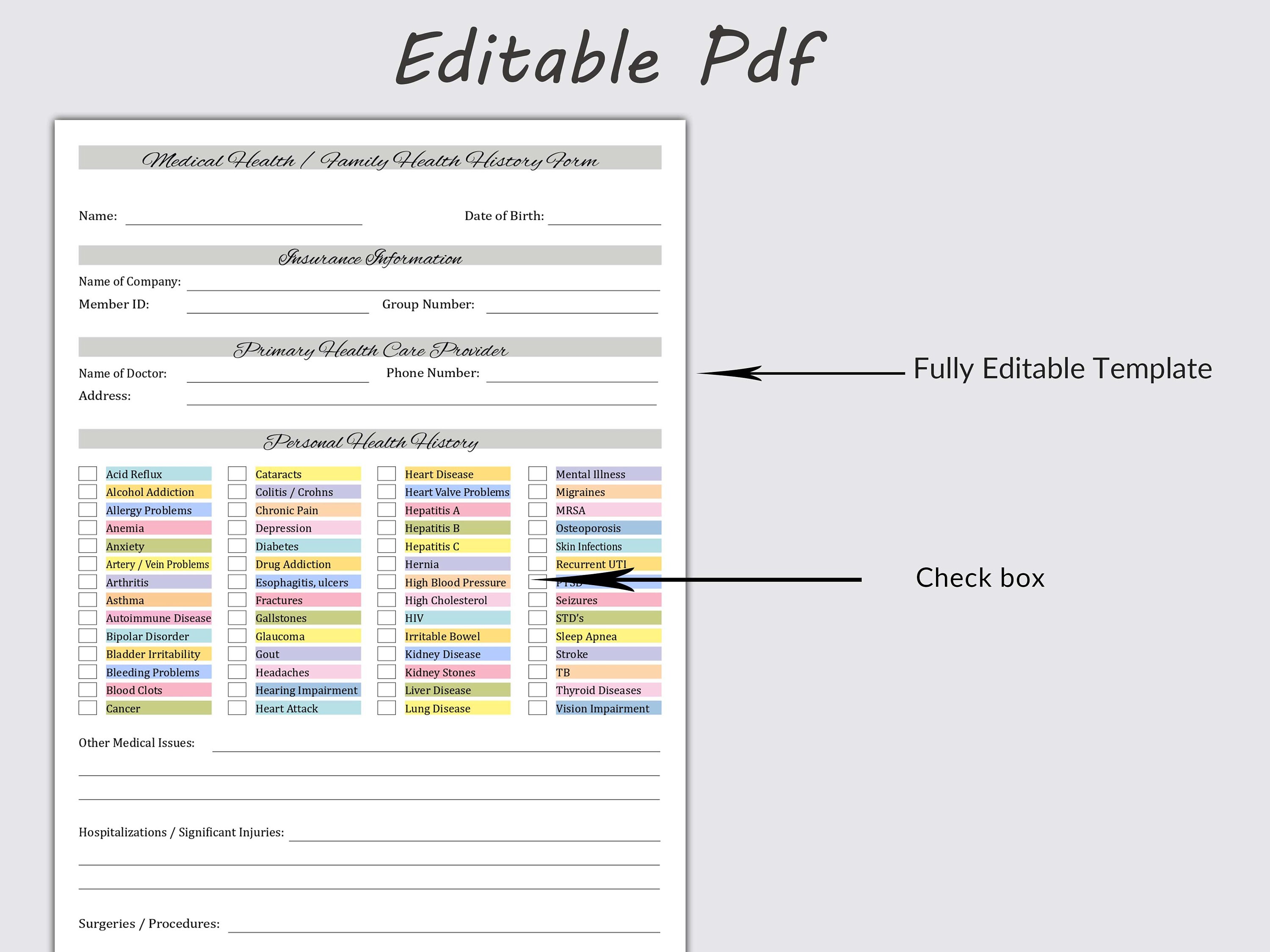 Editable Medical History Form, Family Medical History Form , Medical ...