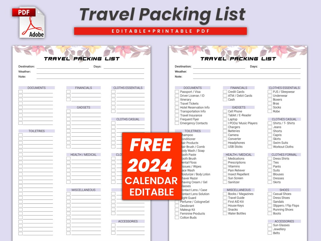 Editable Travel Packing List Travel Packing List Printable - Etsy