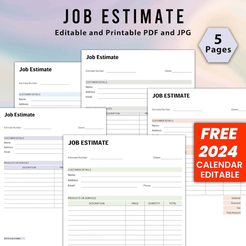 Editable Job Estimate Template, Editable and Printable Estimate Form ...