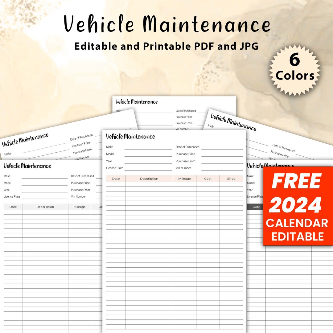 Editable Vehicle Maintenance Log Book, Vehicle Service Tracker, Vehicle ...