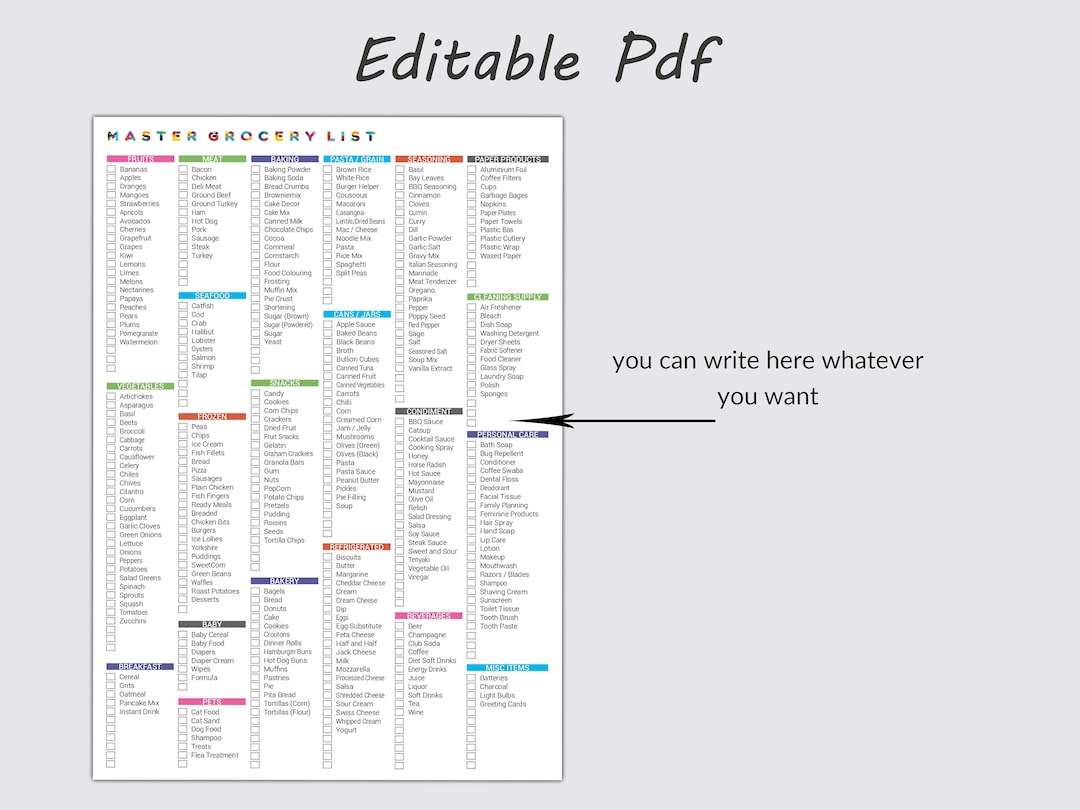 Editable and Printable Master Grocery List, Online Shopping List ...