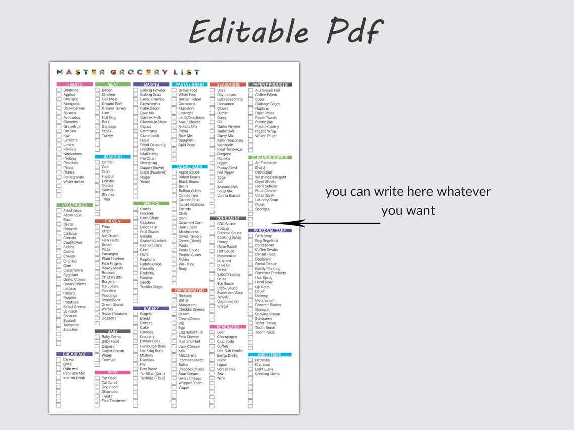 Editable and Printable Master Grocery List, Online Shopping List ...