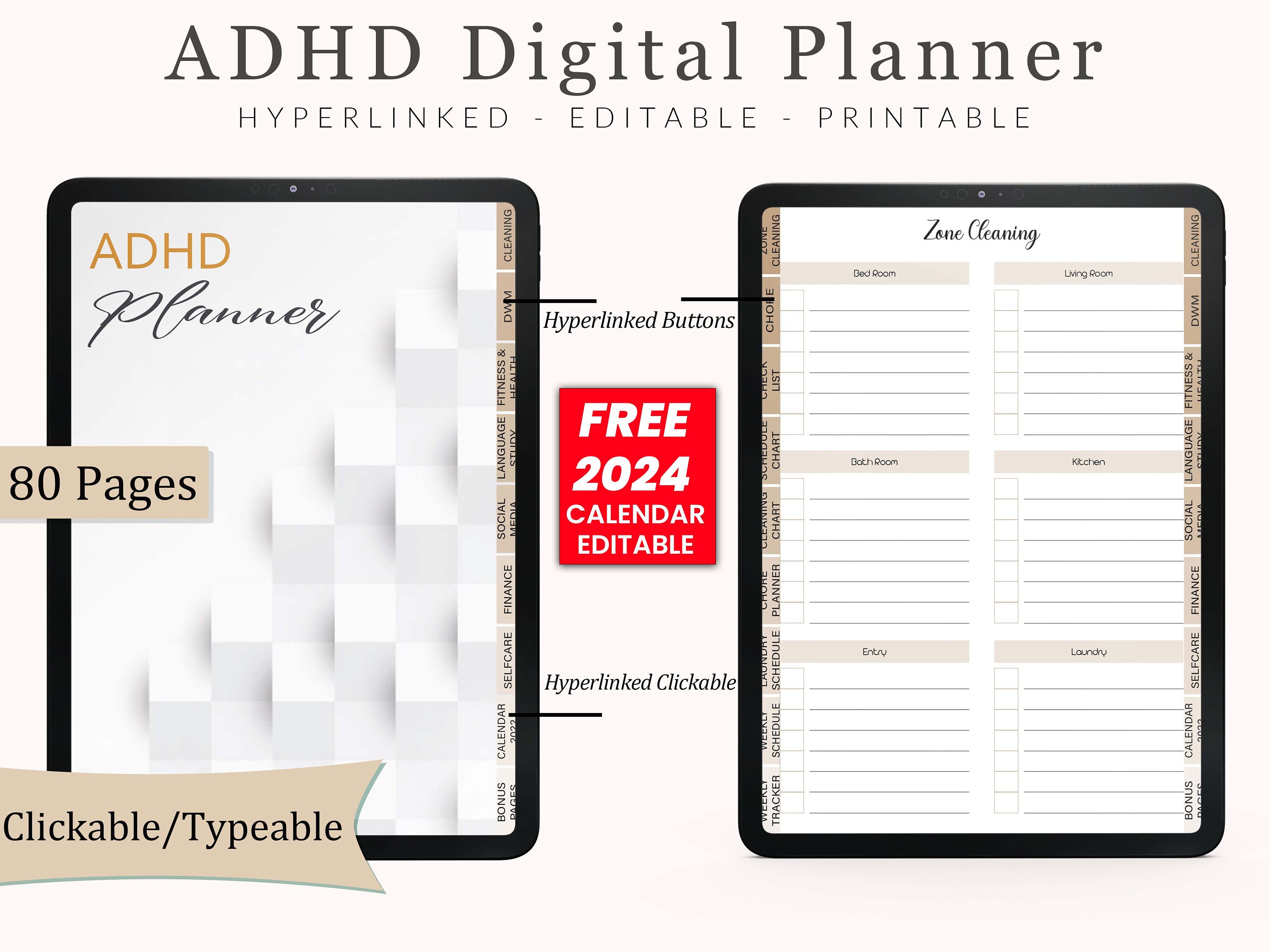 ADHD Digital Planner, ADHD Planner,2023 2024 Adhd Digital Planner for ...