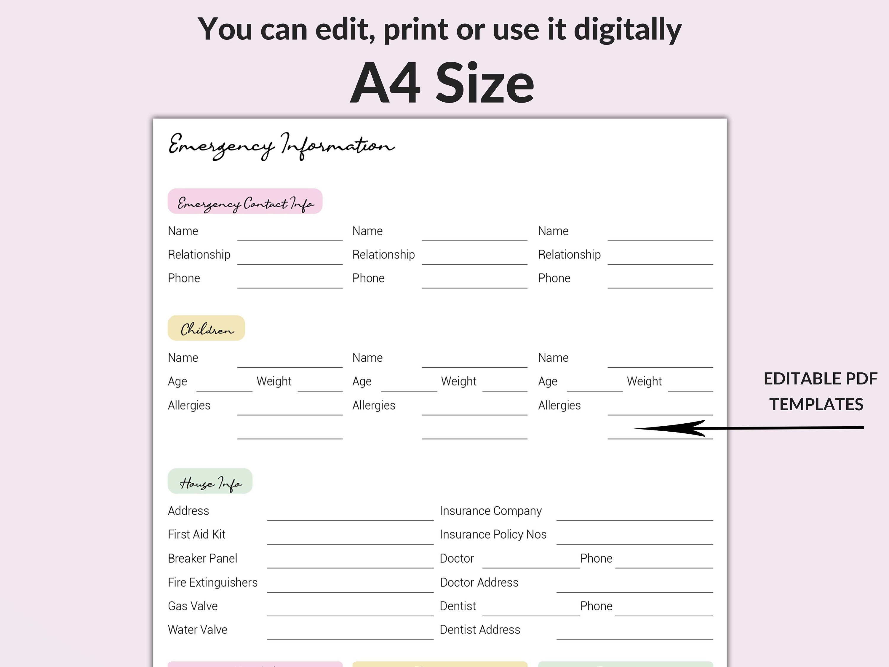 Editable Emergency Information Sheet, Emergency Contact Information ...
