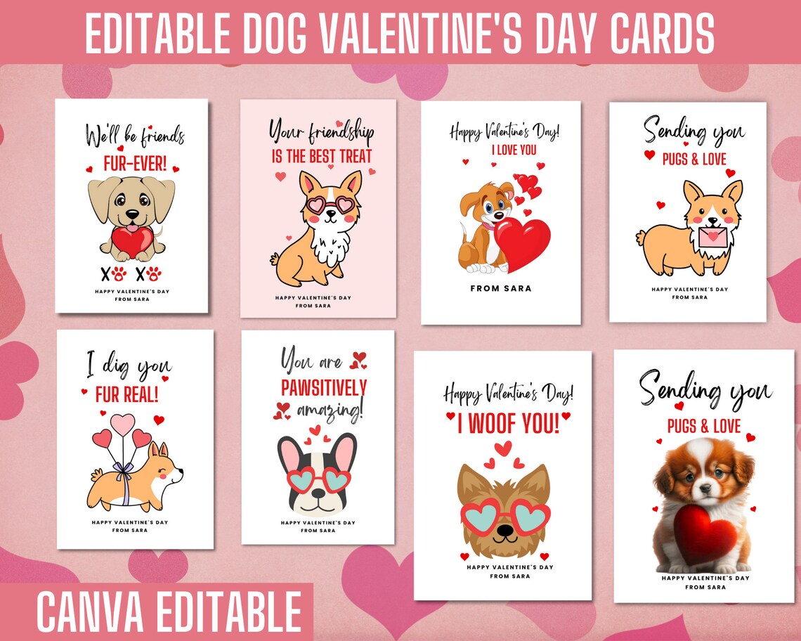EDITABLE Printable Dog Valentine Cards, Valentines Day Cards, Valentine ...