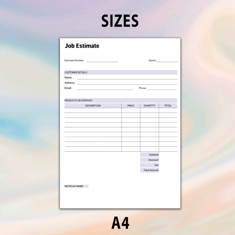 Editable Job Estimate Template, Editable and Printable Estimate Form ...