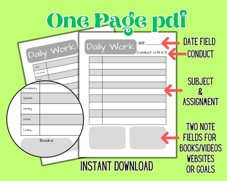 Editable Daily Work Homeschool Planner Sheet | Custom Subjects ...