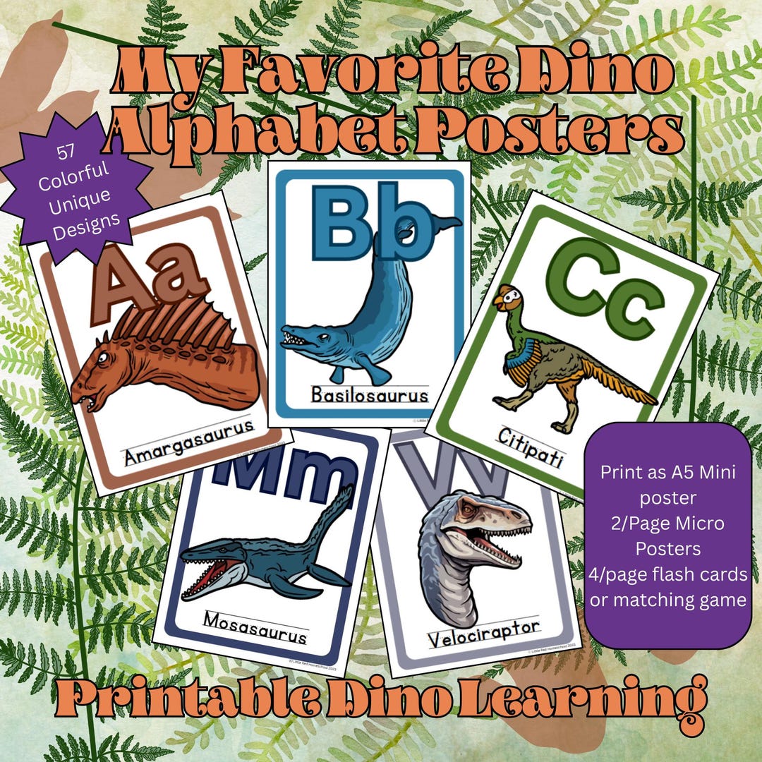 Dinosaur ABC Posters for Kids | Printable Dinosaur Alphabet Cards A-Z ...