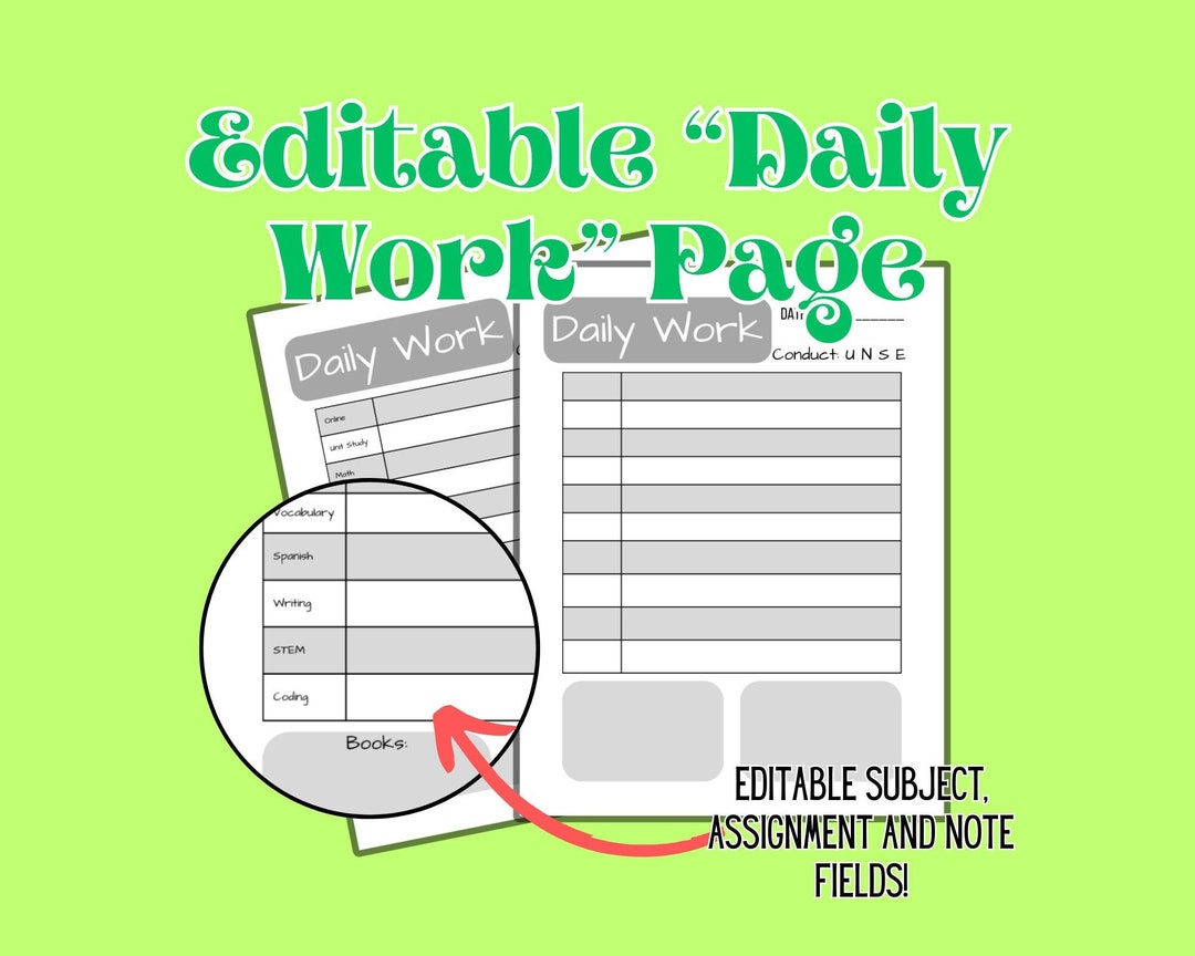 Editable Daily Work Homeschool Planner Sheet | Custom Subjects ...