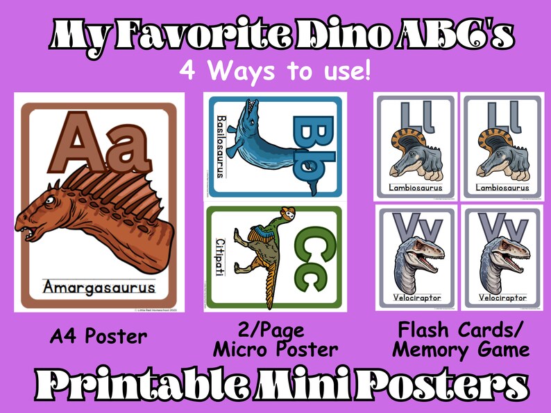 Dinosaur ABC Posters for Kids | Printable Dinosaur Alphabet Cards A-Z ...