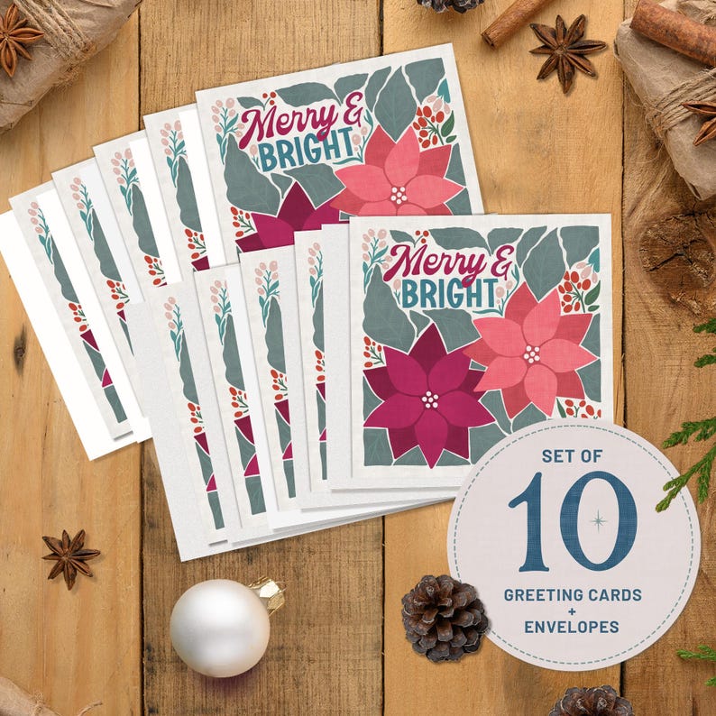 10 Pack Merry and Bright Holiday Greeting Cards | Christmas Card Set ...