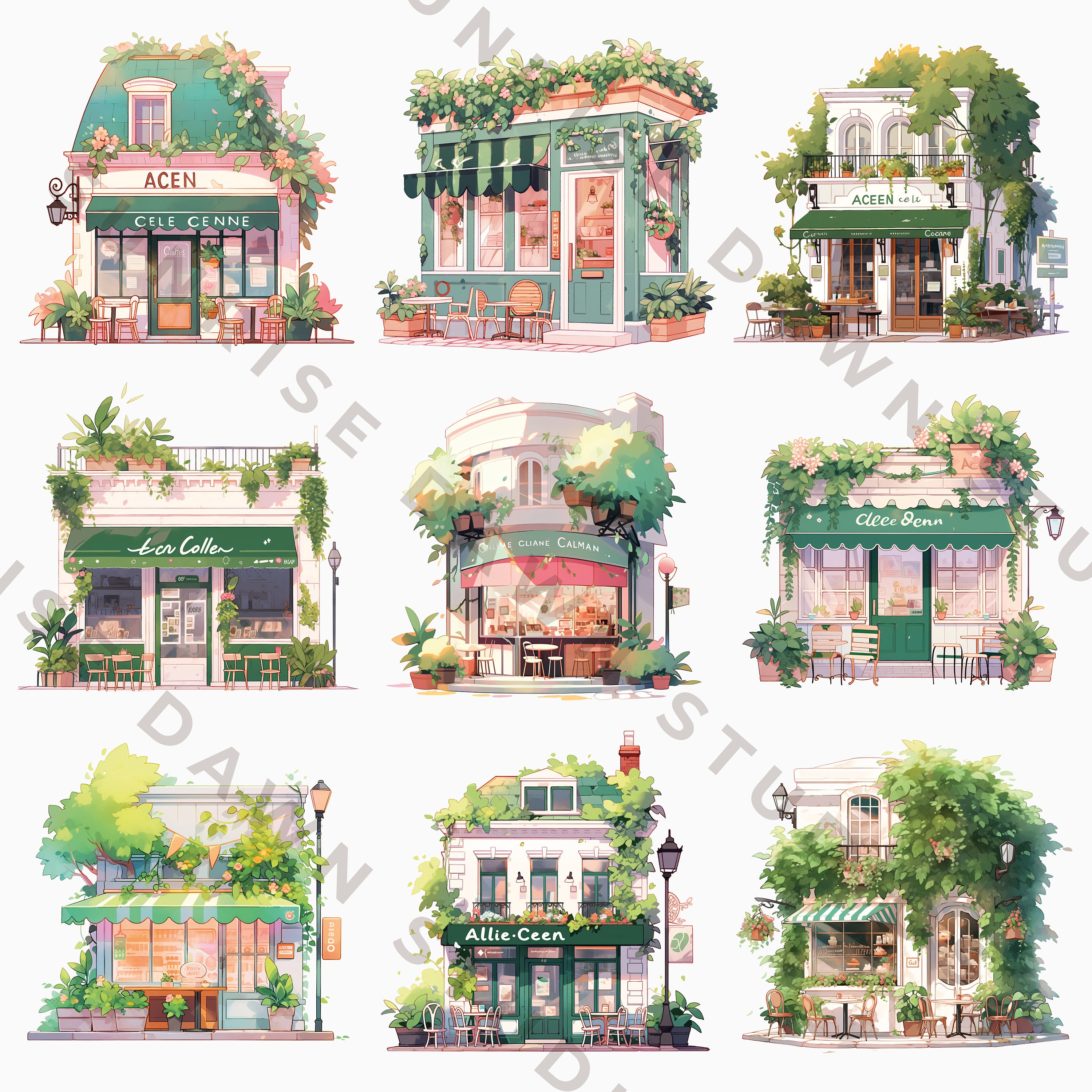 Imágenes Prediseñadas de Cozy Aesthetic Cafe temática verde: PNG de ...